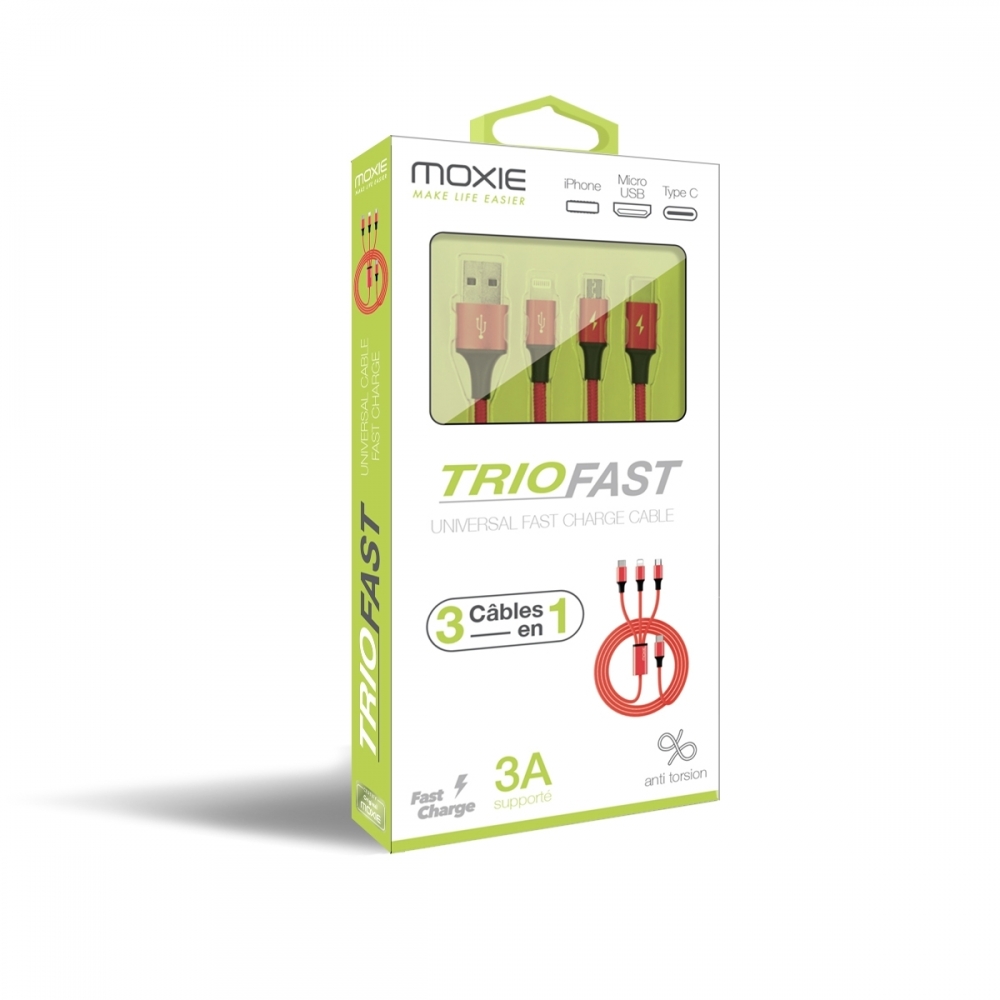 Câble data 3 en 1 Lightning / Micro-USB / USB Type-C - Rouge